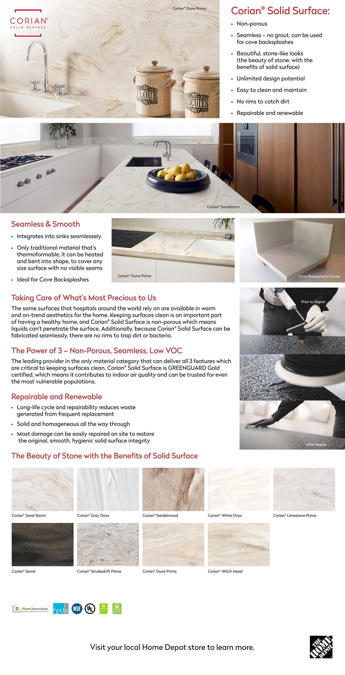 Corian Solid Surface Countertop Sample in Limestone Prima C930-15202LI - The Home Depot